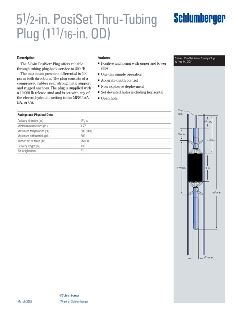 5 - In. Posiset Thru-Tubing Plug (1 - In. Od) : Description Features ...
