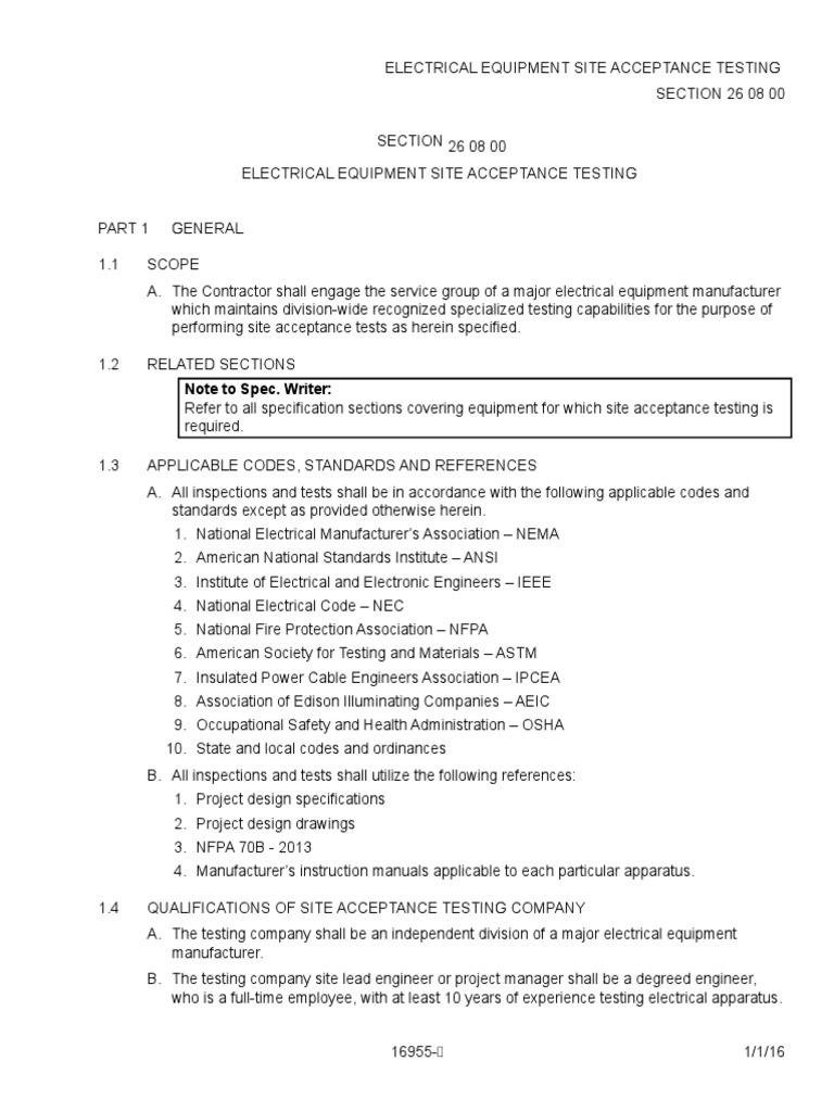 26 08 00 Electrical Equipment Site Acceptance Testing | Download Free ...