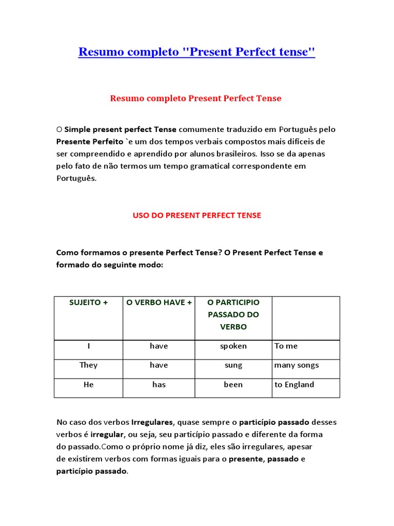 Resumo Completo Present Perfect | PDF | Tempo gramatical | Assunto ...