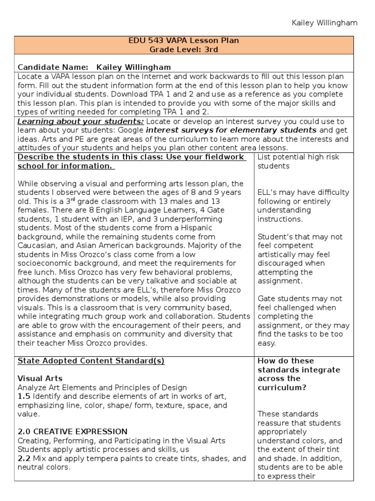 Vapa Lesson Plan Template | PDF | Lesson Plan | Color