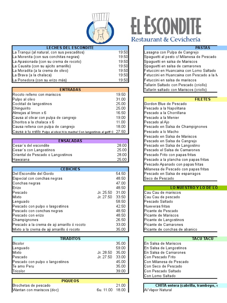 Carta El Escondite 2017 - Excel12 | PDF | Mariscos | Alimentos