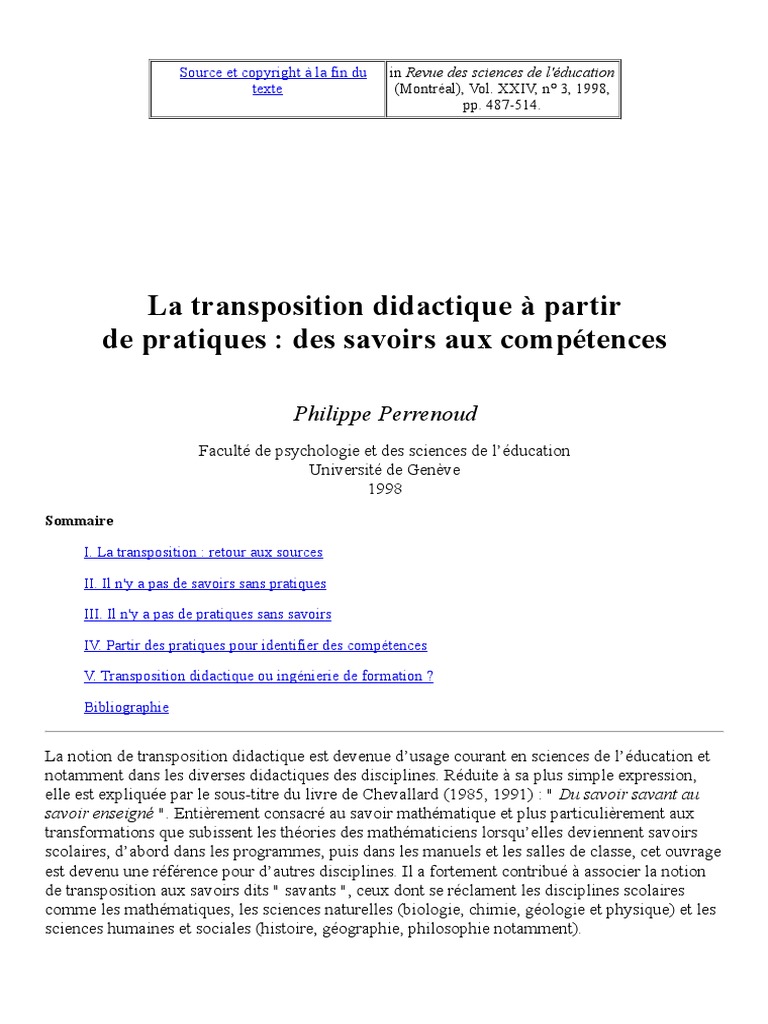 La Transposition Didactique À Partir de Pratiques. Des Savoirs Aux ...