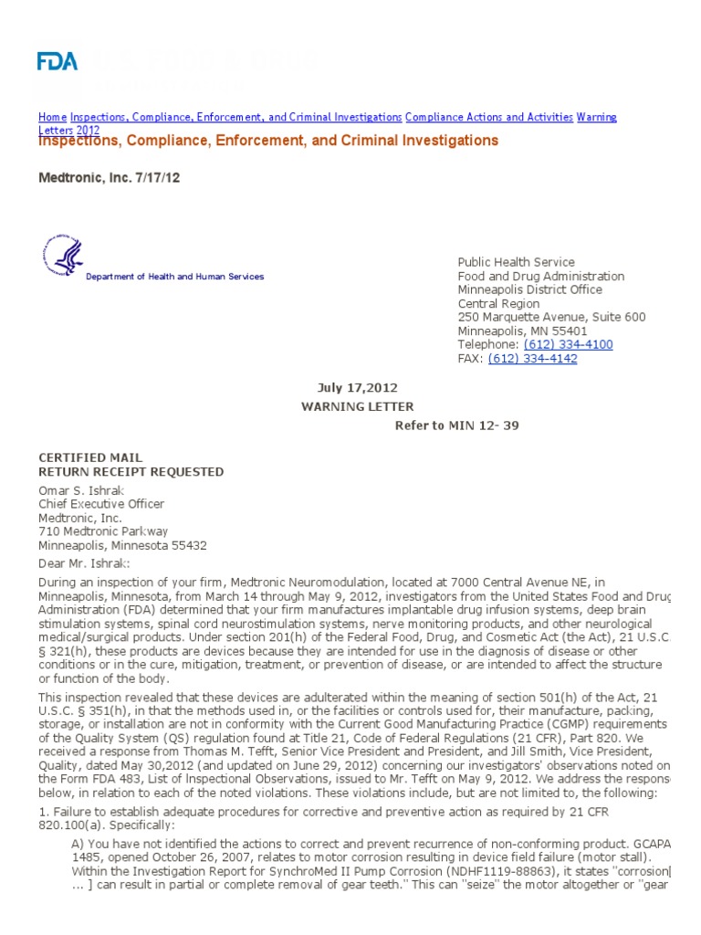 Medtronic FDA Warning Letter Summary | PDF | Food And Drug ...