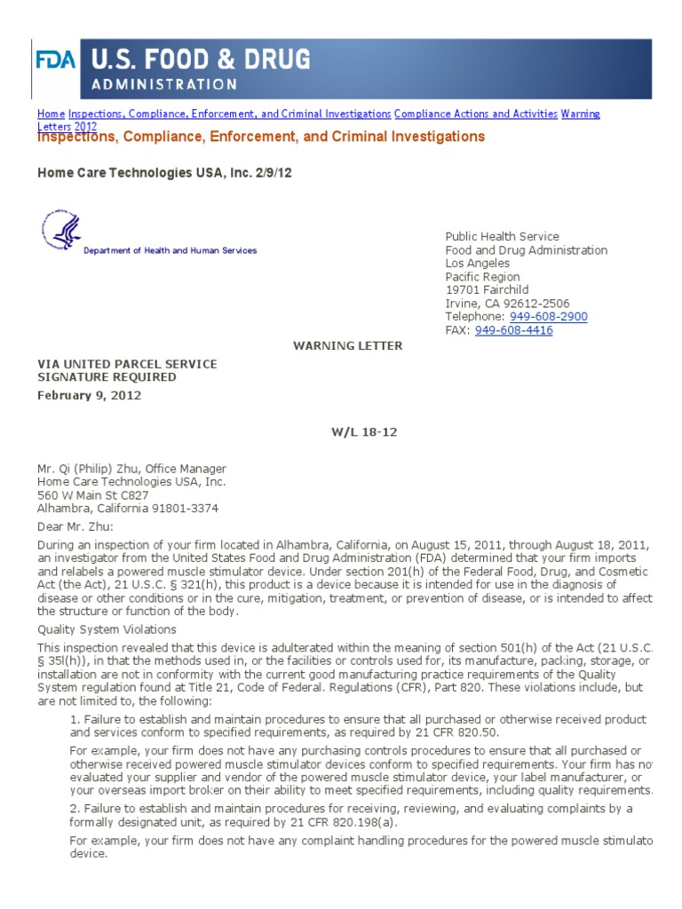 FDA Warning: Home Care Tech Violations | PDF | Food And Drug ...