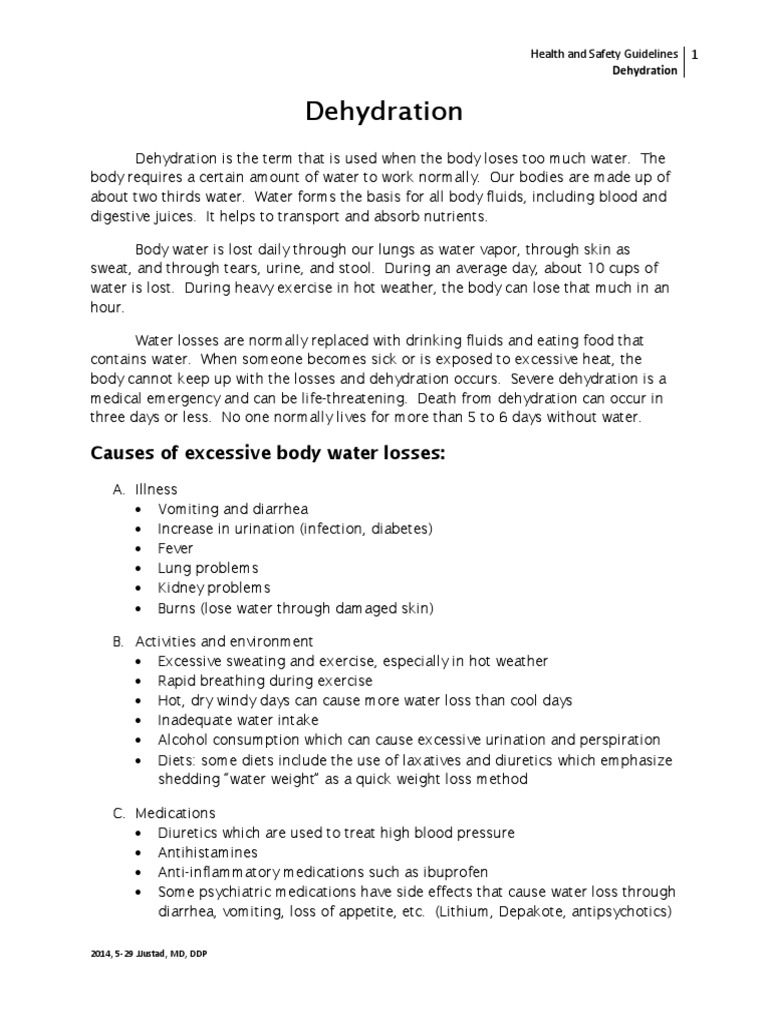 Dehydration: Causes of Excessive Body Water Losses | PDF | Dehydration ...