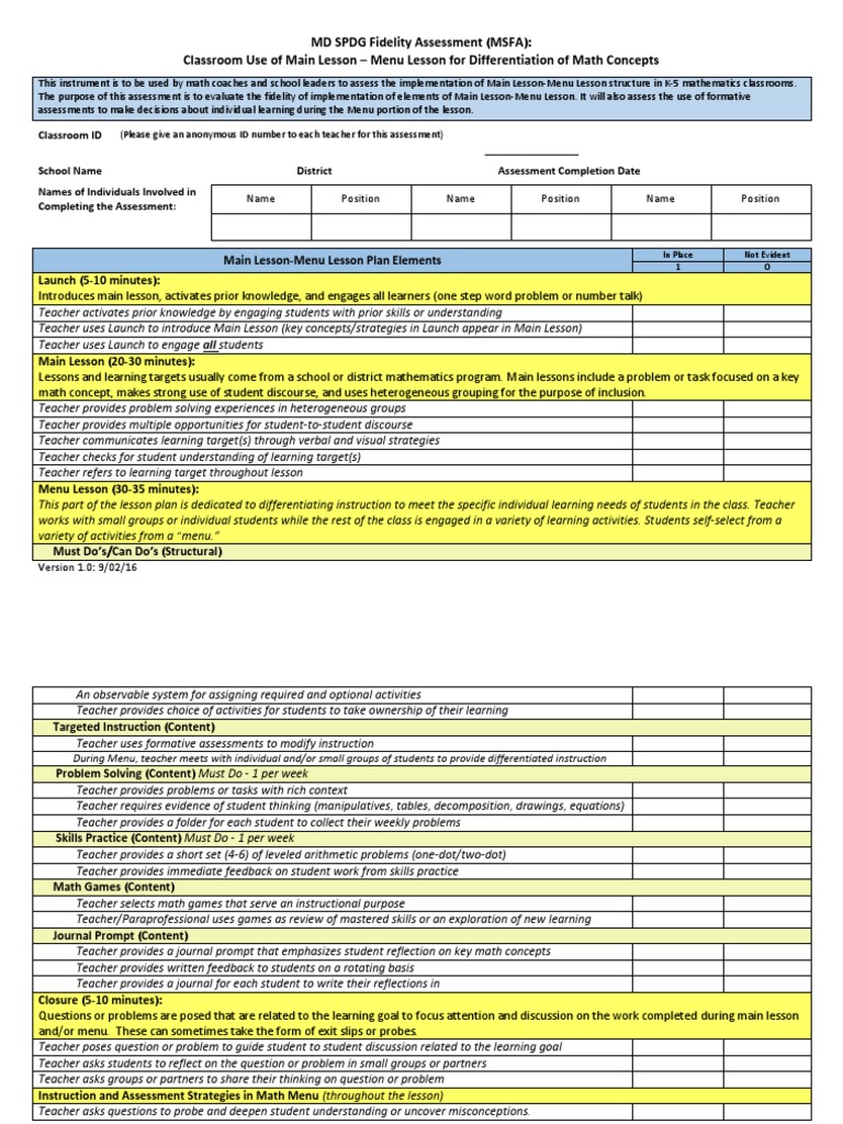 Main Lesson - Menu Fidelity Tool | Educational Assessment | Sharing