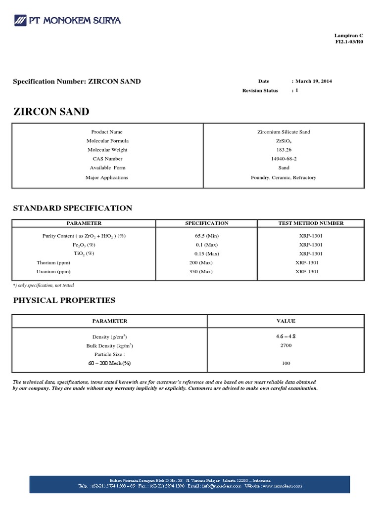 Zircon Sand Specification | PDF | Materials | Chemistry