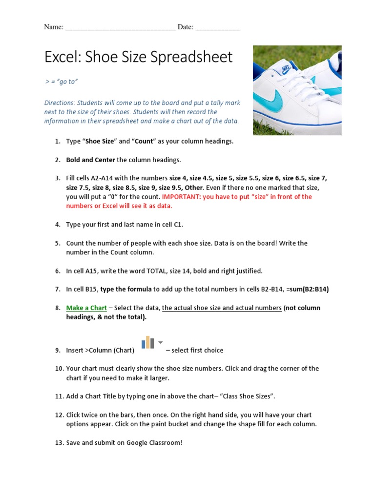 Shoe Size Spreadsheet | PDF | Spreadsheet | Microsoft Excel