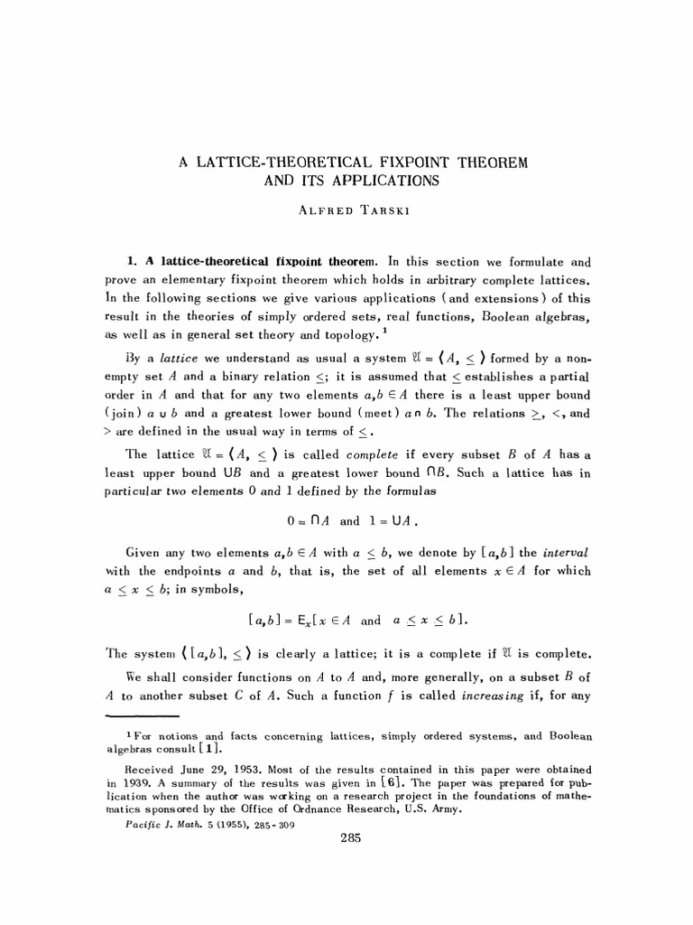 A LATTICE-THEORETICAL FIXPOINT THEOREM - Tarski PDF | PDF | Boolean ...