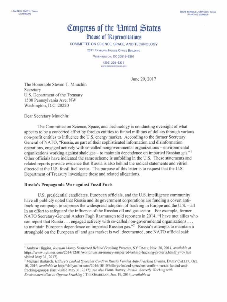 Smith, Weber Letter To Mnuchin Re Russia and Green Groups | PDF