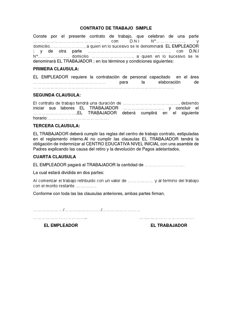 Modelo De Contrato De Trabajo Simple Pdf Business