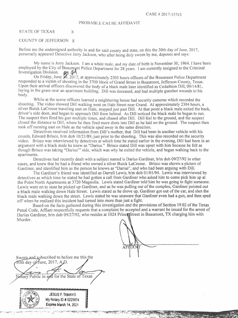 Probable Cause Affidavit For Darius Gardiner | PDF