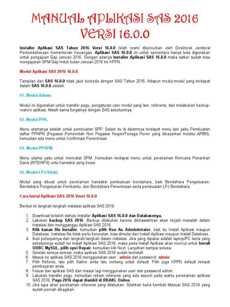Panduan Instalasi SAS 2016 Versi 16.0.0 | PDF