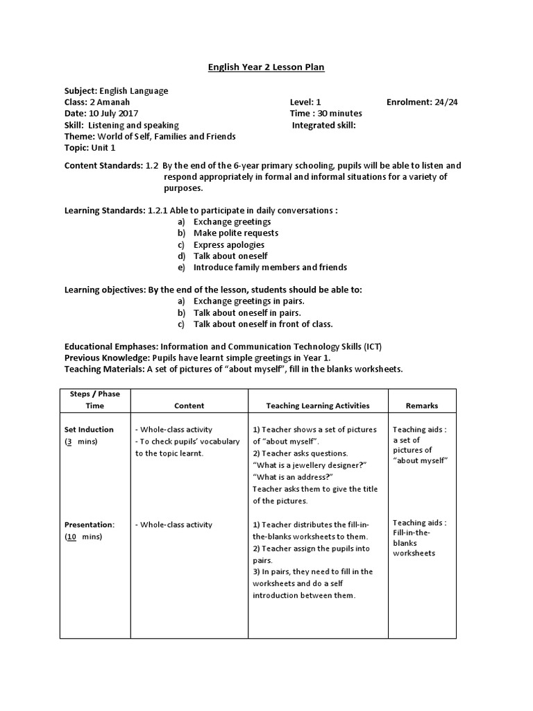 English Year 2 Lesson Plan: Steps / Phase Time Content Teaching ...