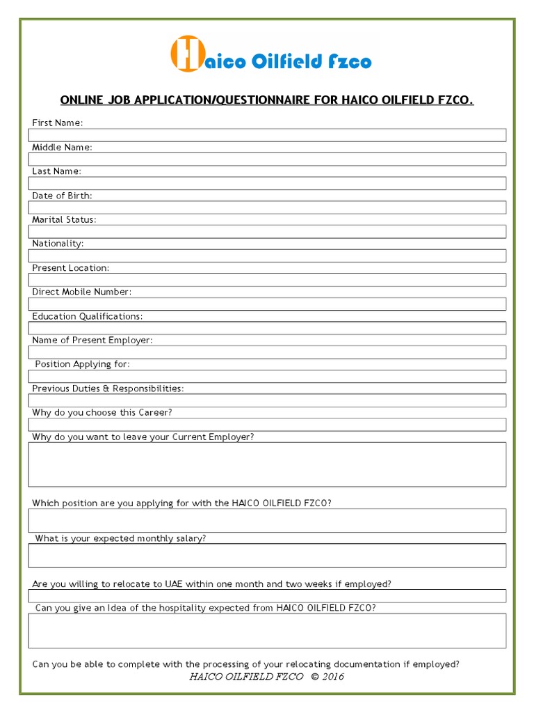 HAICO Oilfield Job Application Form | PDF