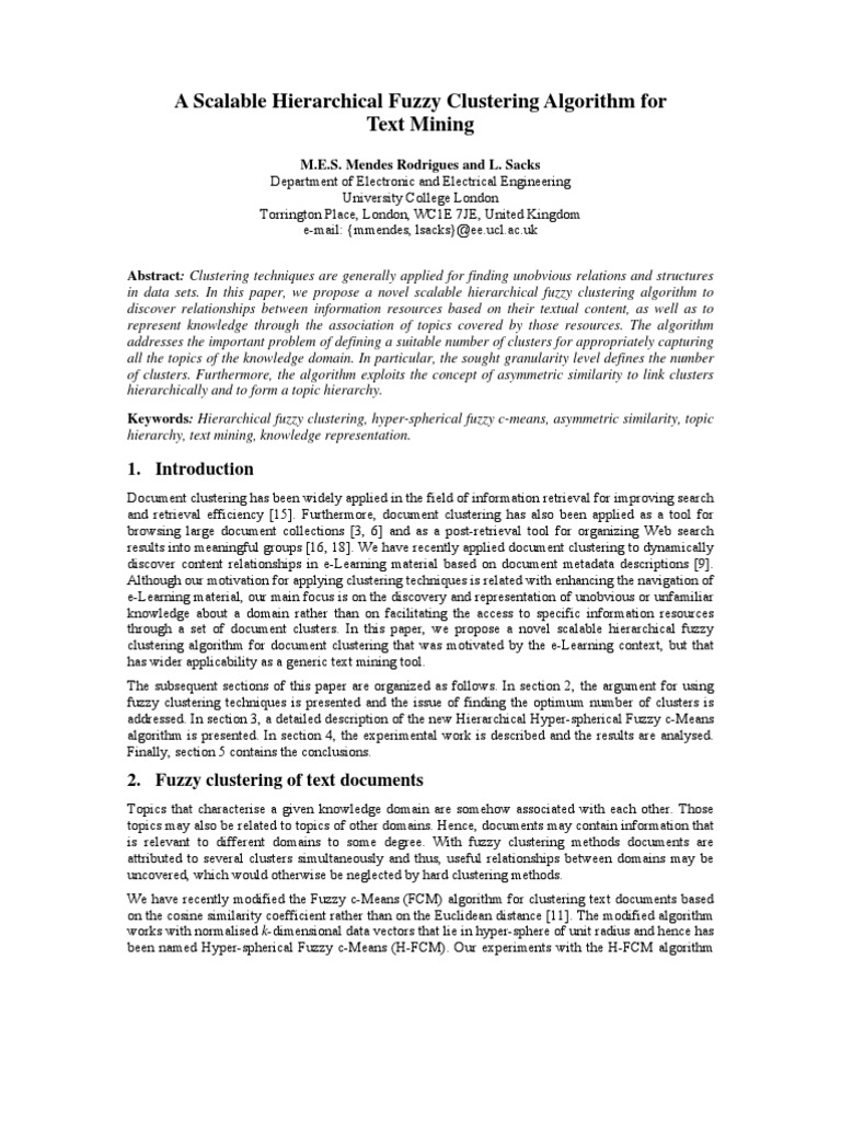A Scalable Hierarchical Fuzzy Clustering Algorithm For Text Mining | PDF | Cluster Analysis ...