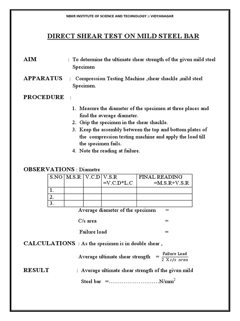 Direct Shear Test On Mild Steel Bar: NBKR Institute of Science and ...