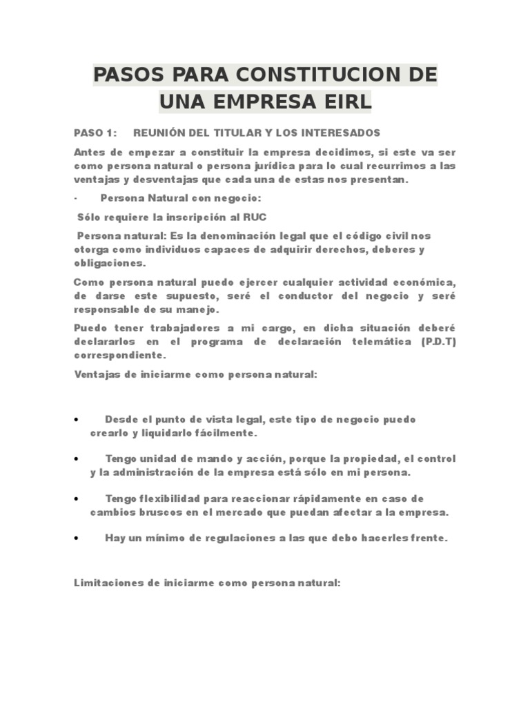 Pasos para Constitucion de Una Empresa Eirl | PDF | Personalidad legal | Negocios (general)