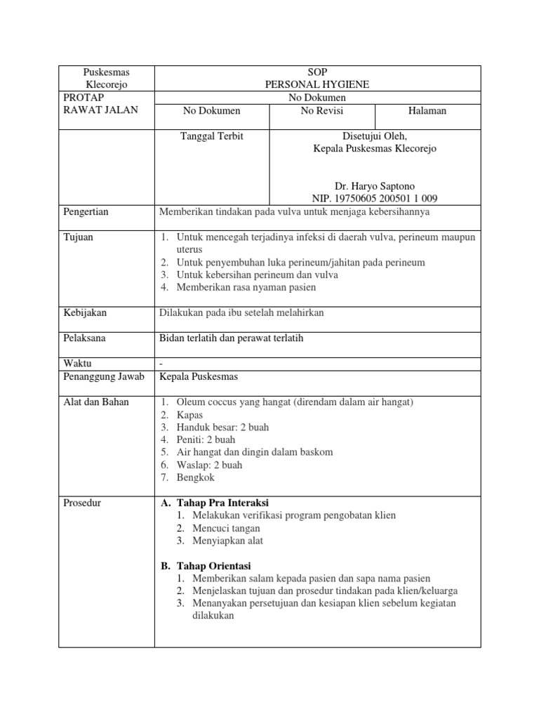 SOP Personal Hygiene | PDF