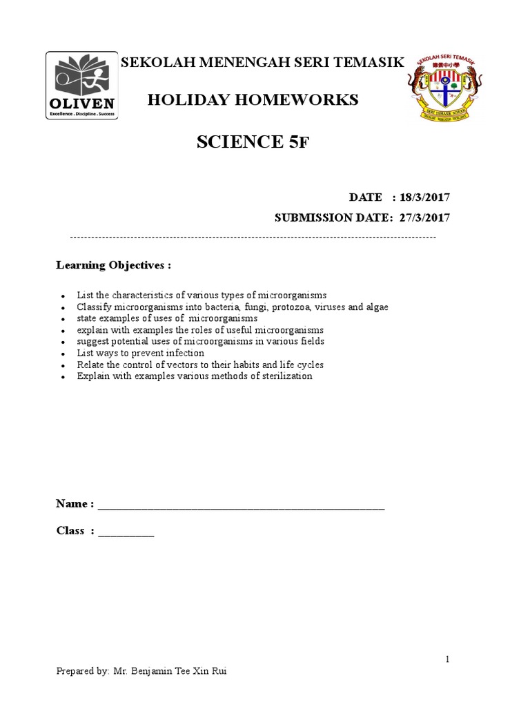 Holiday Homework March 2017 5f Science | PDF | Microorganism | Bacteria