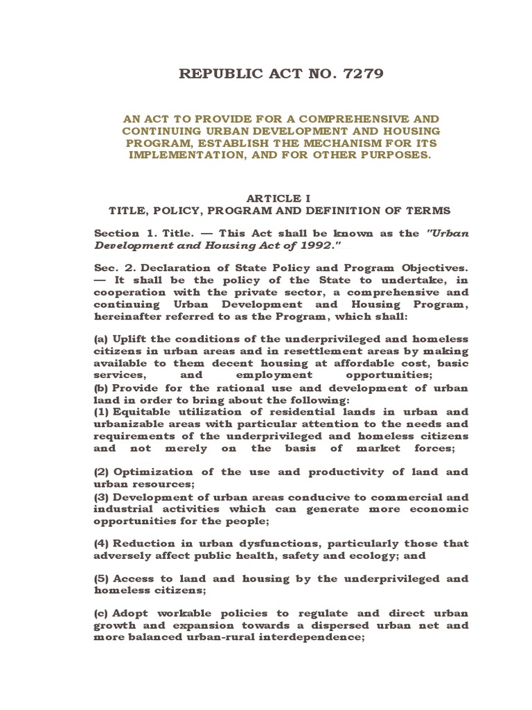 Ra 7279 | PDF | Squatting | Eminent Domain