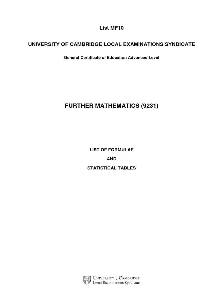 Further Maths Formula List MF10 | PDF | Sine | Teaching Mathematics