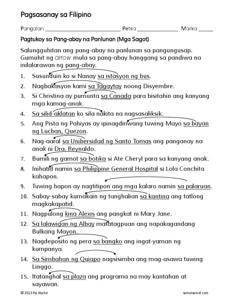 Mga Sagot Sa Pagtukoy Sa Pang Abay Na Panlunan 1 | PDF Mga Sagot Sa Pagtukoy Sa Pang Abay Na Panlunan 1 | PDF