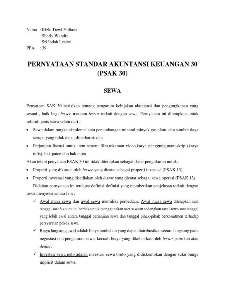 PSAK 30: Panduan Sewa Lessee dan Lessor | PDF | Bisnis | Pengelolaan ...