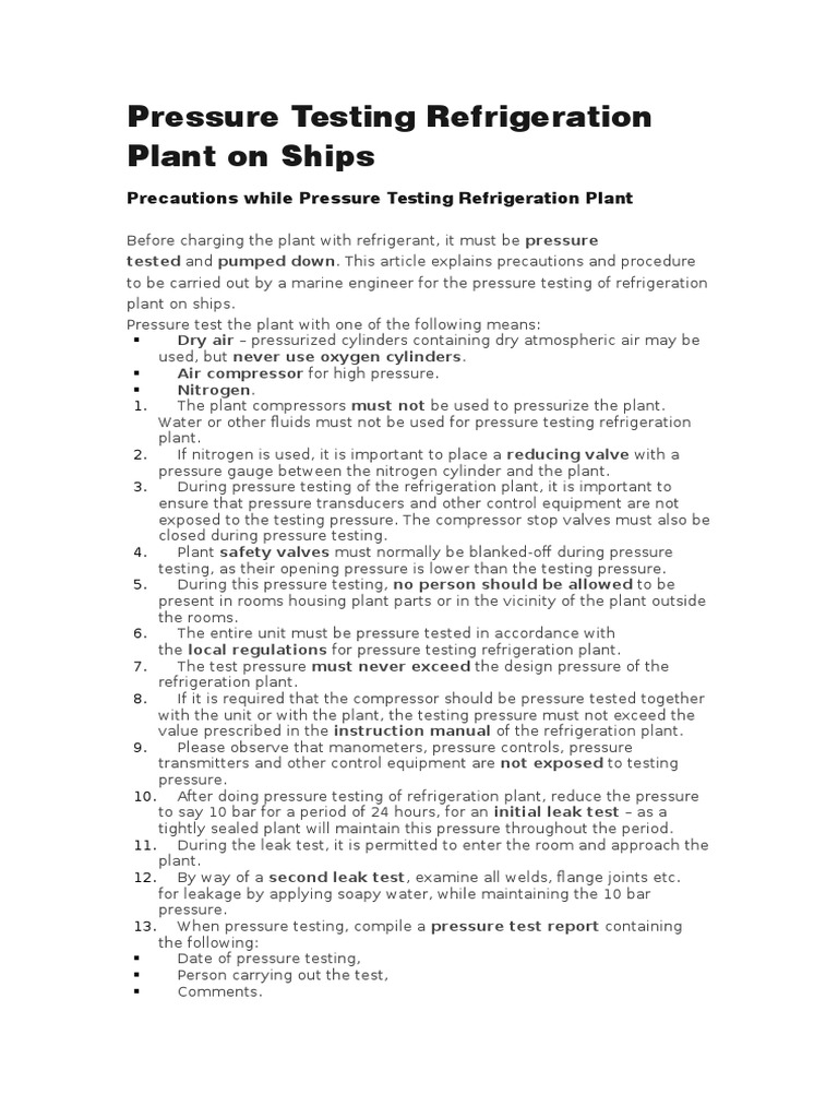 Pressure Testing Refrigeration Plant On Vessels | PDF | Leak | Pressure
