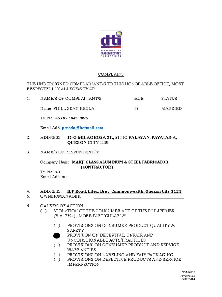 40 NCR-SF050 - Complaint Form | PDF | Virtue | Government Information