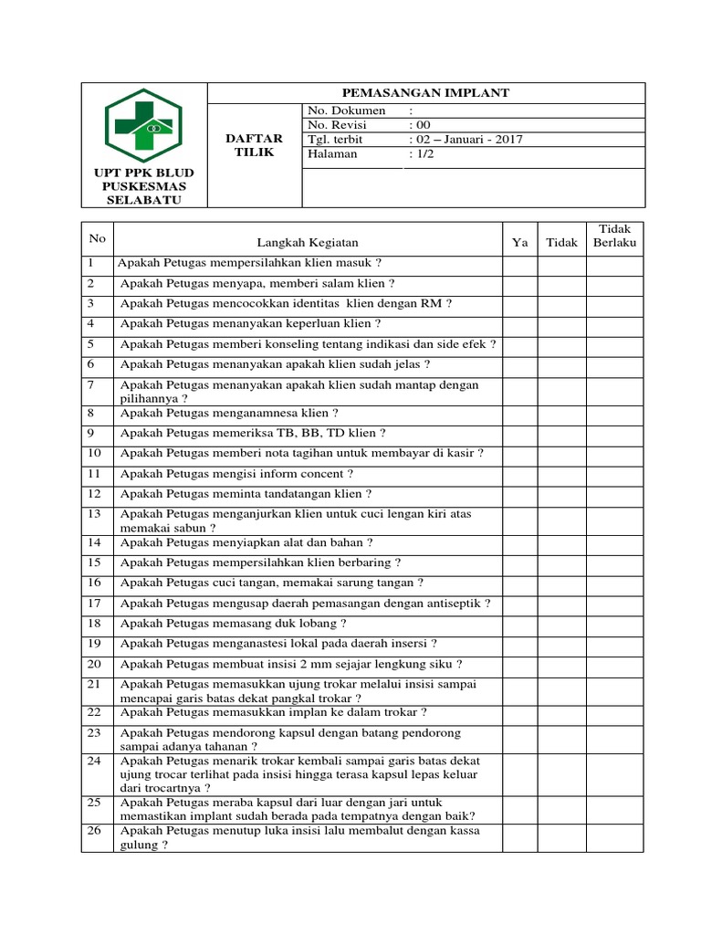 Daftar Tilik Pemasangan Implant | PDF