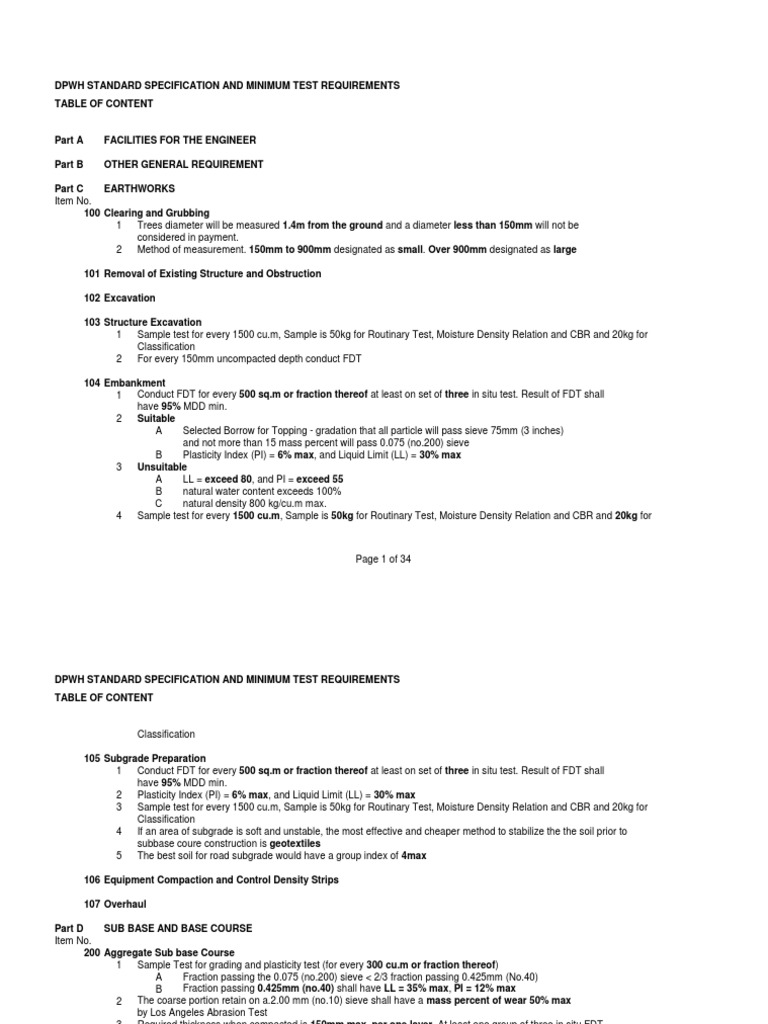 Summary of DPWH Standard Specs and Min Test Requirment | PDF | Asphalt ...