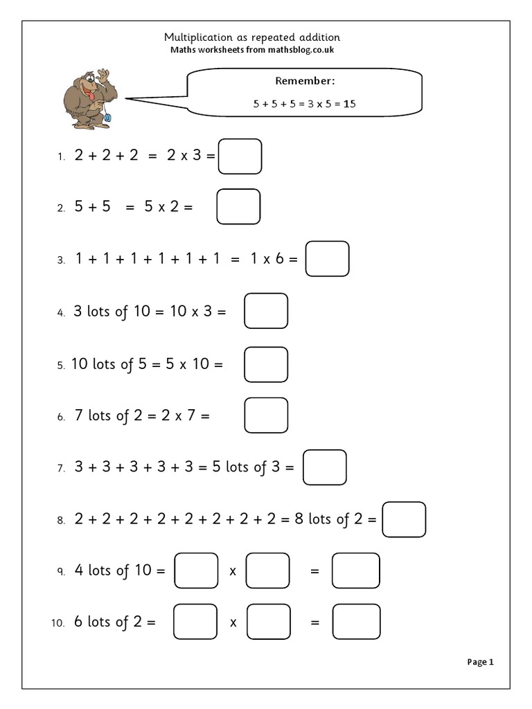 Multiplication As Repeated Addition: Maths Worksheets From Mathsblog ...