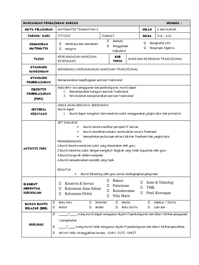 Contoh RPH Matematik 1 AB 2 | PDF