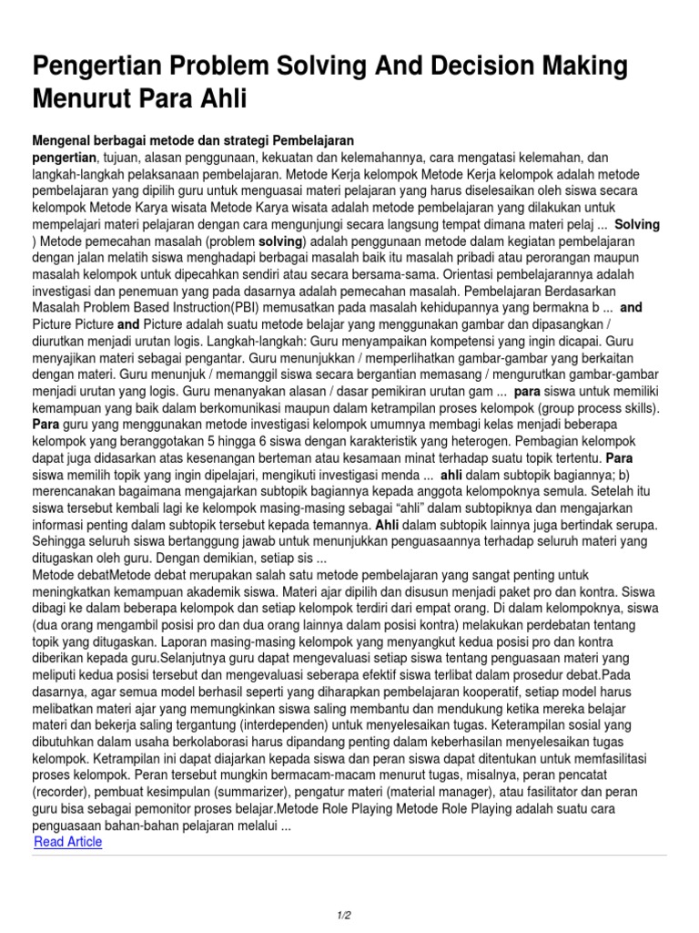 Pengertian Problem Solving and Decision Making Menurut para Ahli | PDF