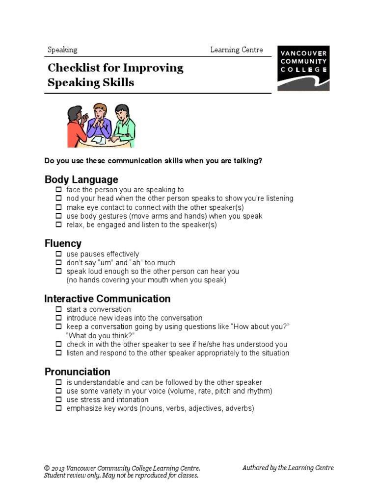 Speaking ChecklistforImprovingSpeakingSkills | PDF | Verb | Adverb