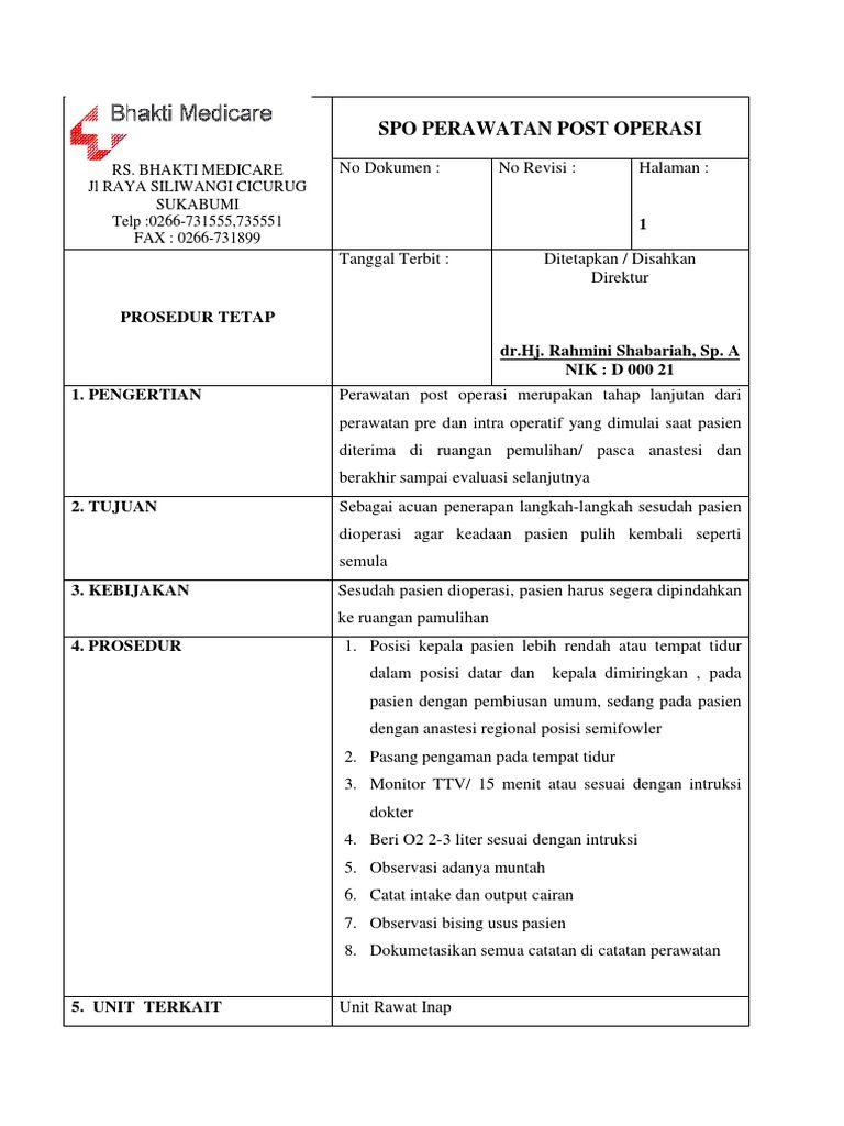 SOP Perawatan Pasca Operasi di RS Bhakti Medicare | PDF