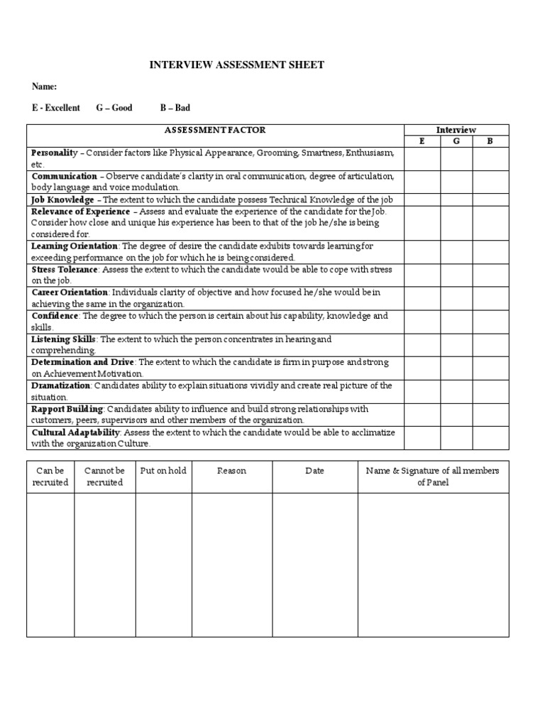 Interview Assessment Sheet | PDF