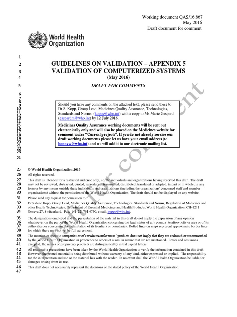 WHO - Guideline Validation Computerized Systems-Appendix5 QAS16-667 | PDF | Verification And ...