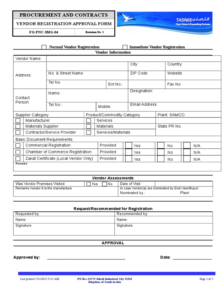 Procurement and Contracts: Vendor Registration Approval Form | PDF ...