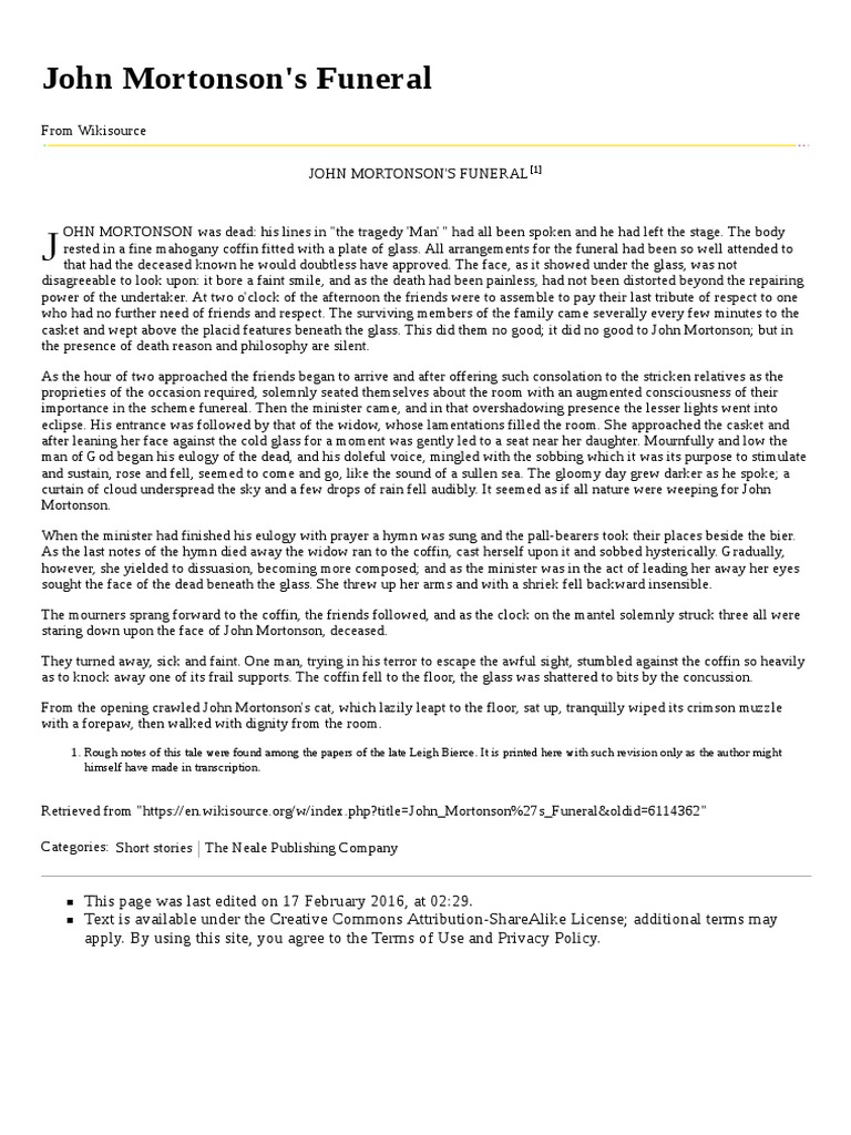 (1906) John Mortonson's Funeral (Ambrose Bierce) | PDF | Funeral ...