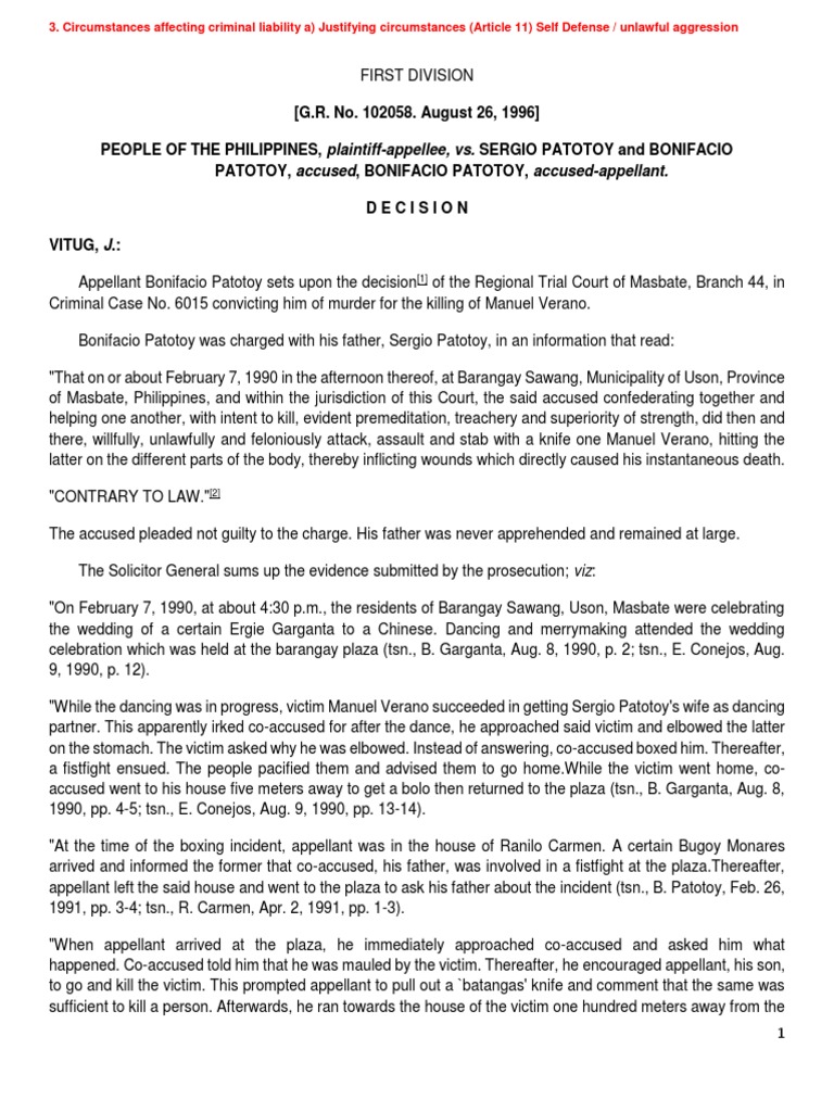 People vs. Patotoy, G.R. No. 102058, August 26, 1996 | PDF | Murder ...