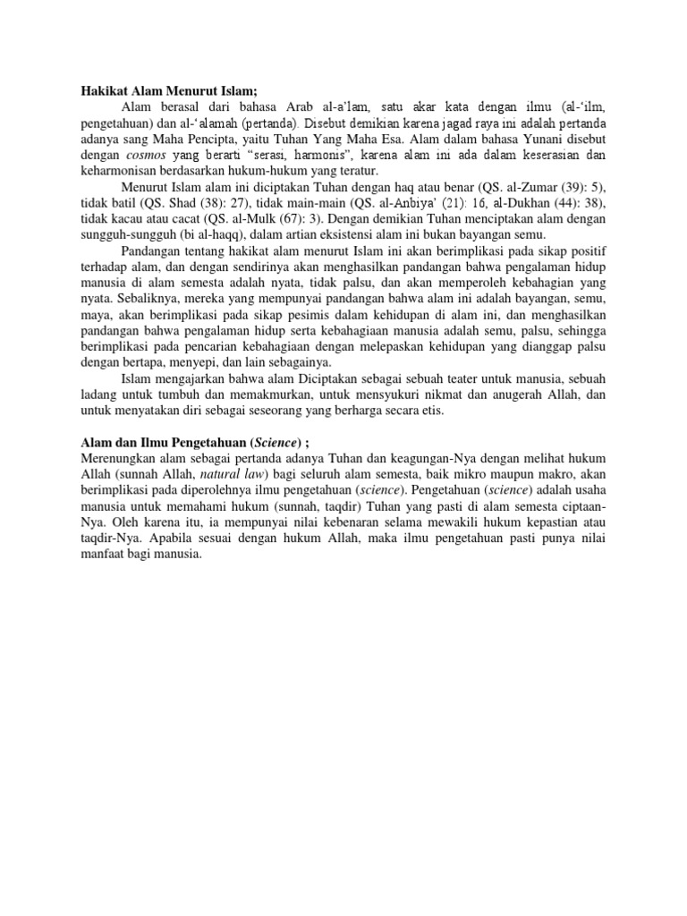 Hakikat Alam Dalam Kehidupan Manusia Menurut Islam | PDF | Agama ...