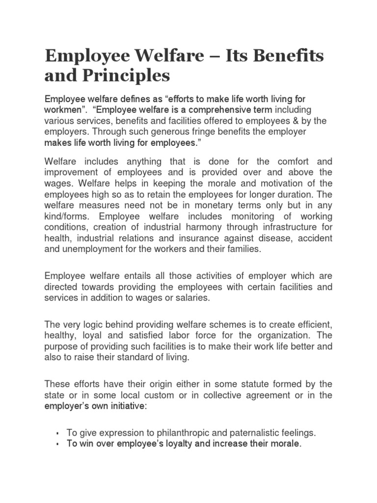 Employee Welfare - Its Benefits and Principles | PDF | Welfare | Employment