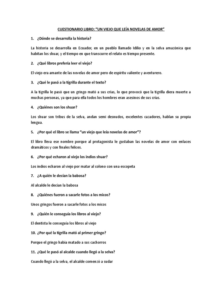 Cuestionario de Un Viejo Que Leia Novelas de Amor | PDF