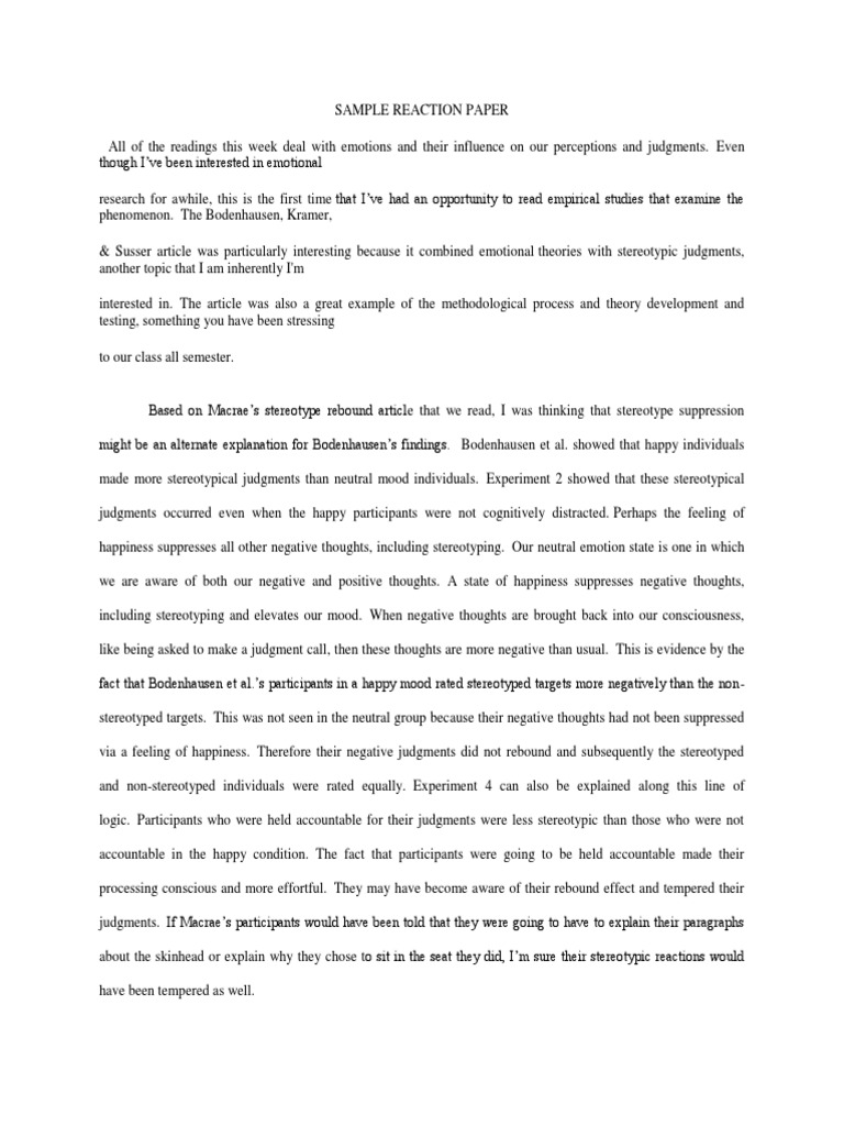 Sample Reaction Paper | PDF | Stereotypes | Essays