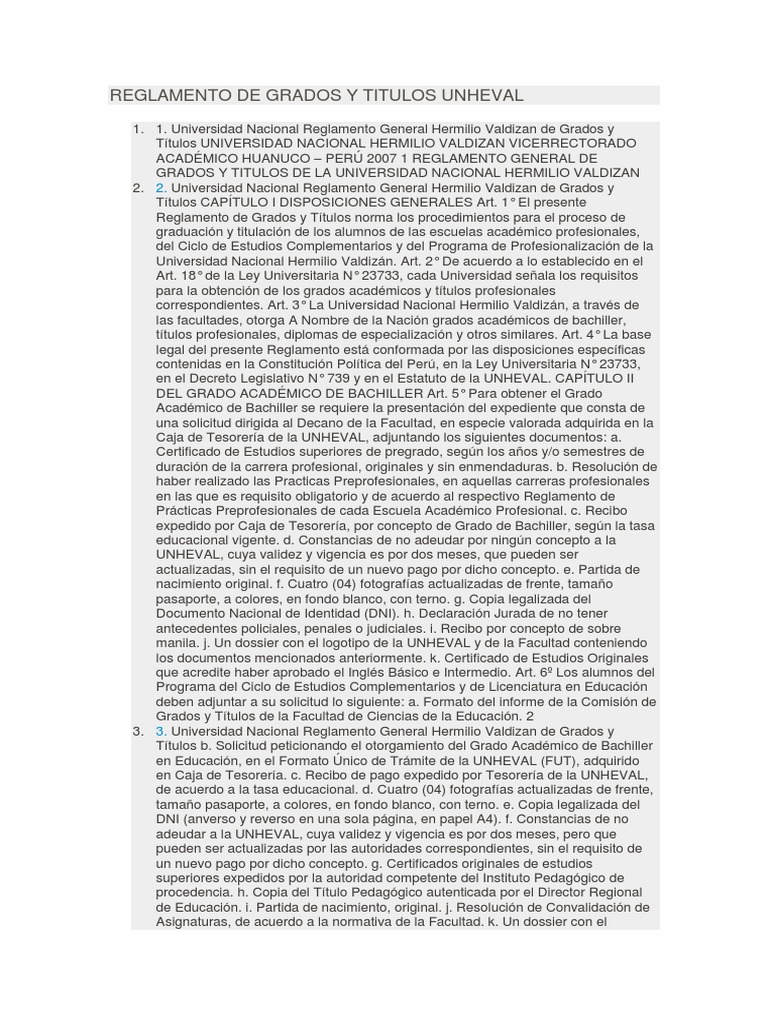Reglamento de Grados y Titulos Unheval | PDF | Titulo academico | Universidad