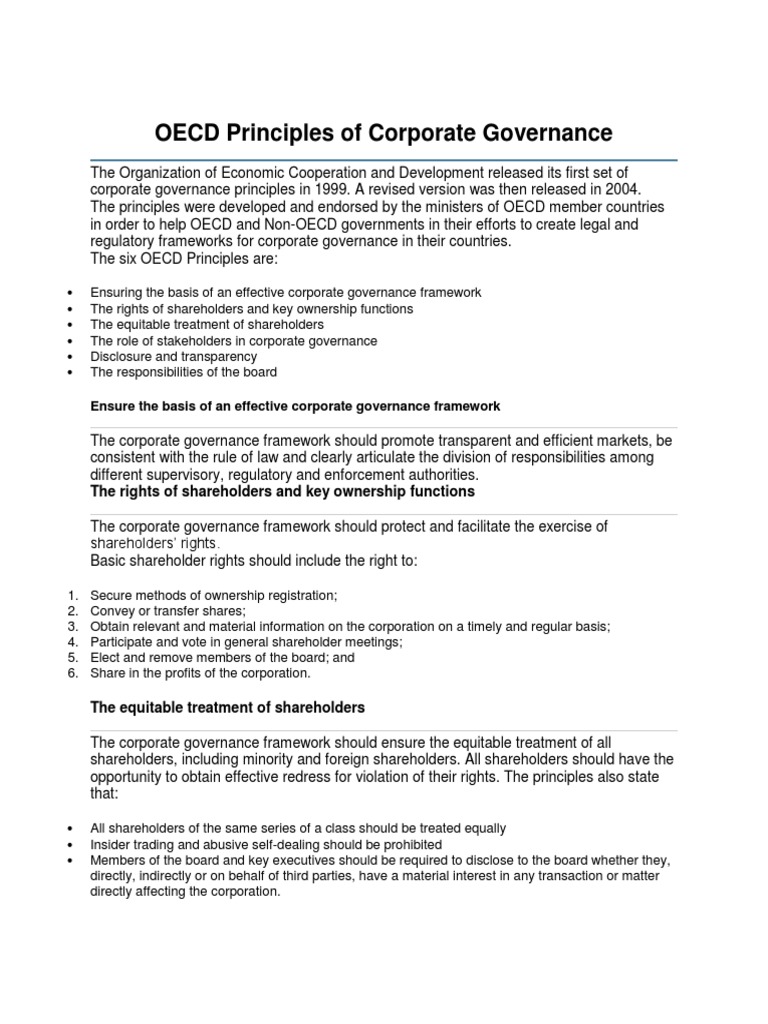 OECD Corporate Governance Principles Summary | PDF | Corporate Governance | Governance