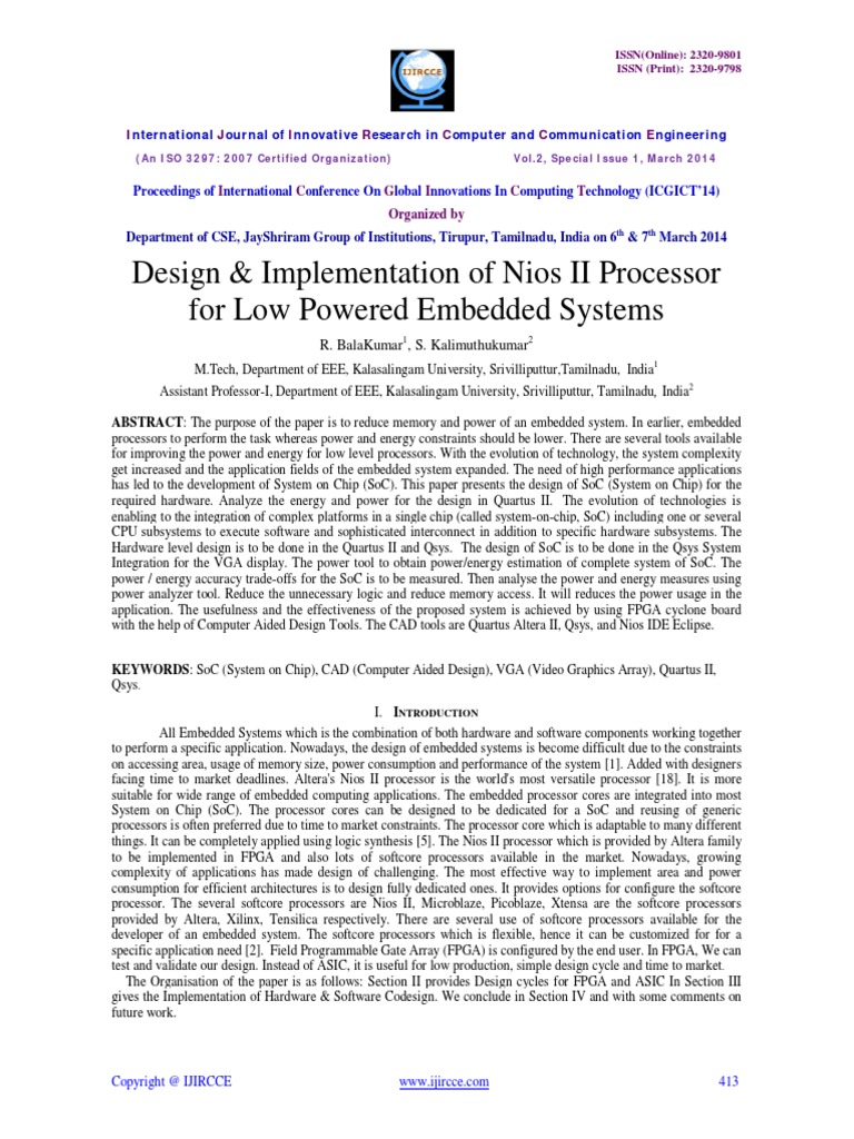 Design Implementation of Nios II Processorfor Low Powered Embedded Systems | PDF | Field ...