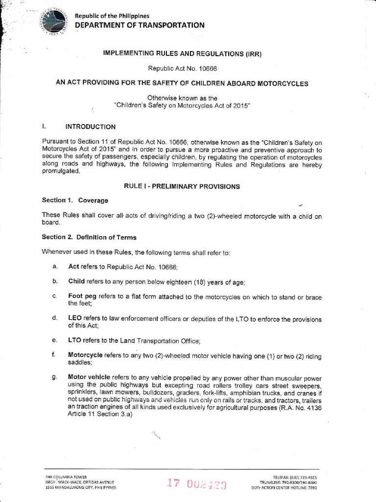 IRR RA 10666 | Motorcycle | Highway